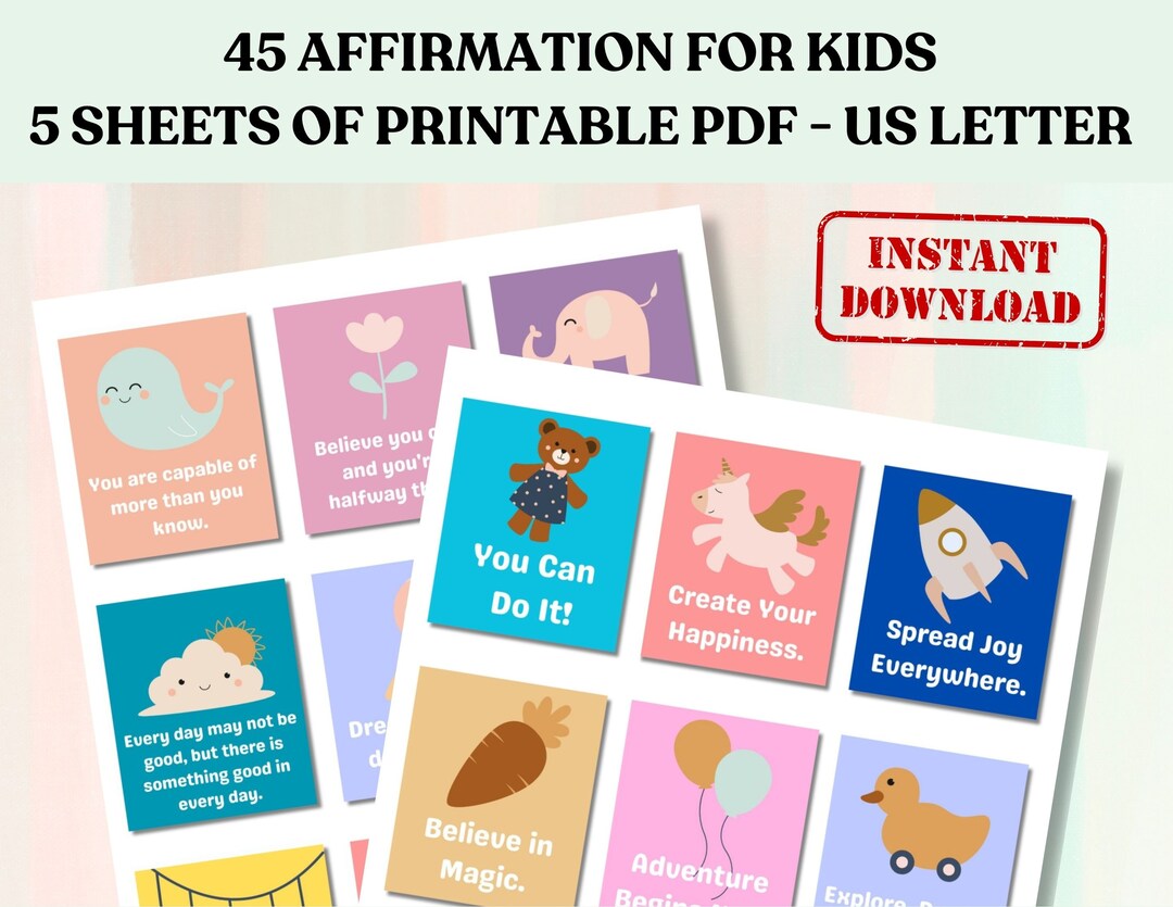 45 Affirmation Cards for Kids With FREE Coloring Page , CUTE ...