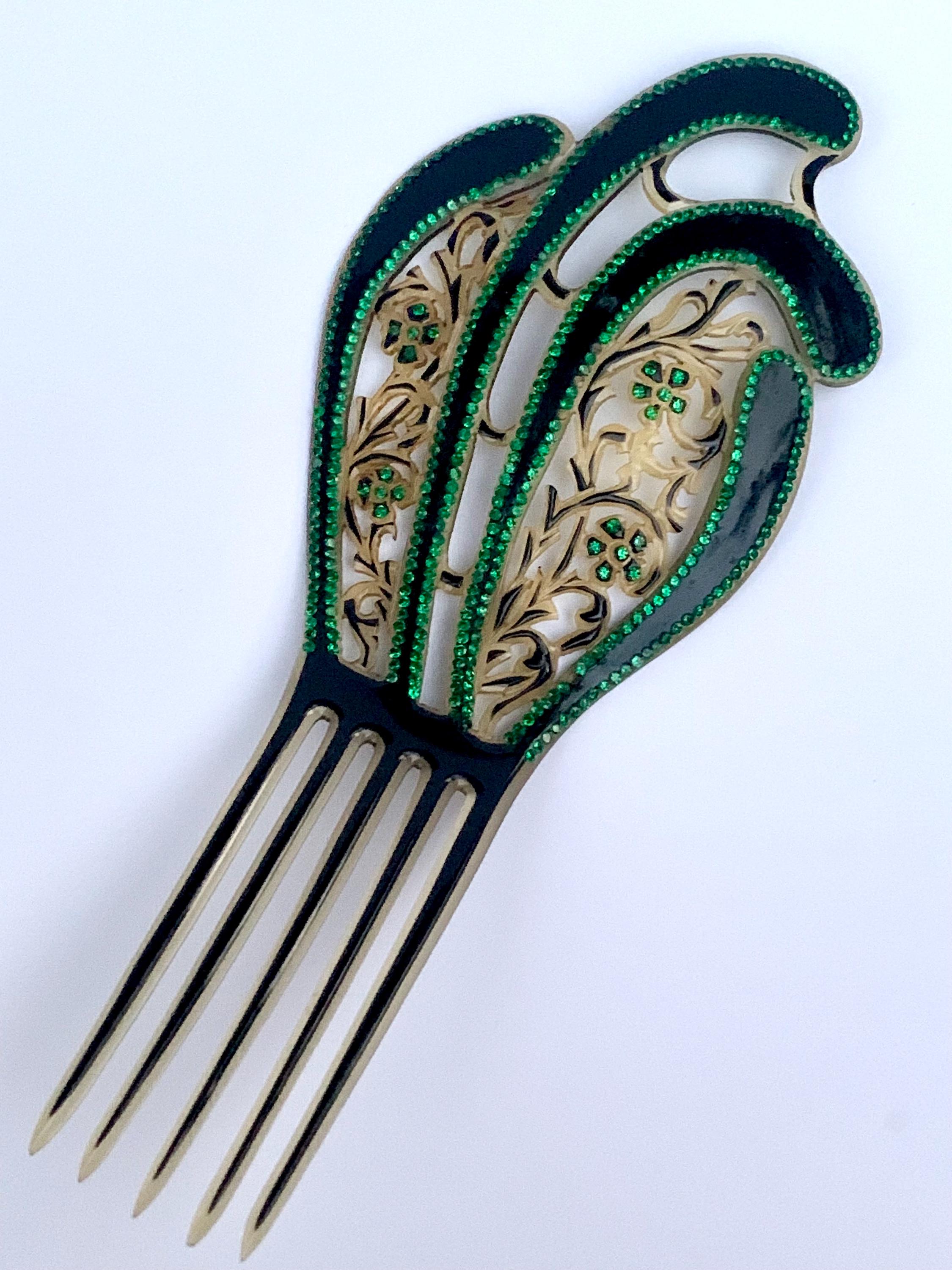 Art Deco Hair Comb Celluloid With Green Rhinestones Antique Hair Pick ...
