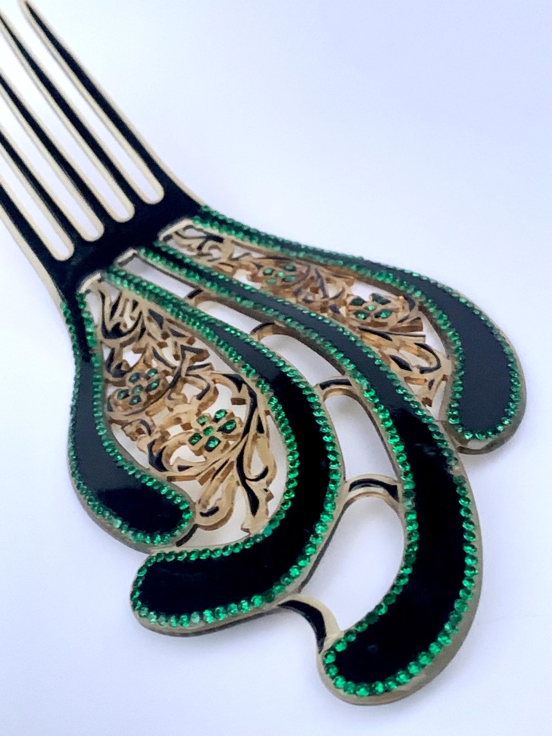 Art Deco Hair Comb Celluloid With Green Rhinestones Antique Hair Pick ...