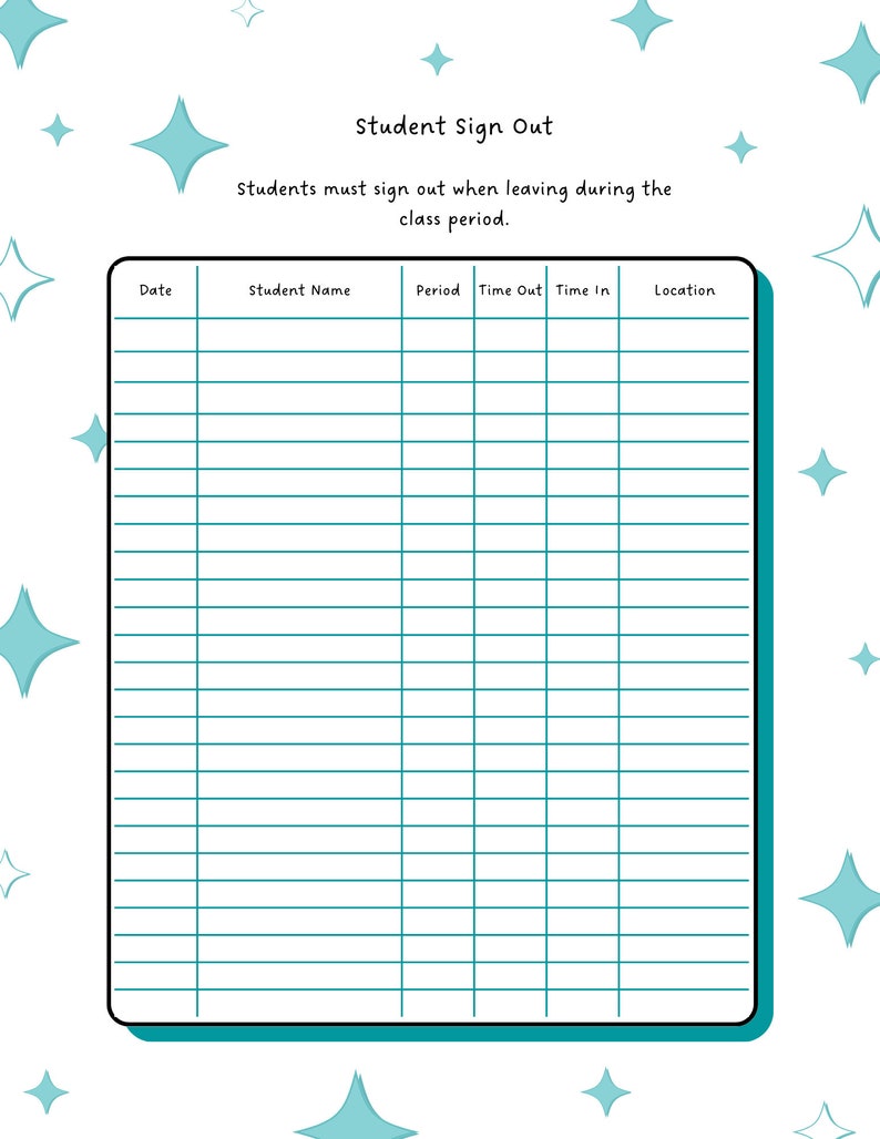Student Sign Out Sheet ( Decorative Sign Out Sheet, Classroom, Teacher ...