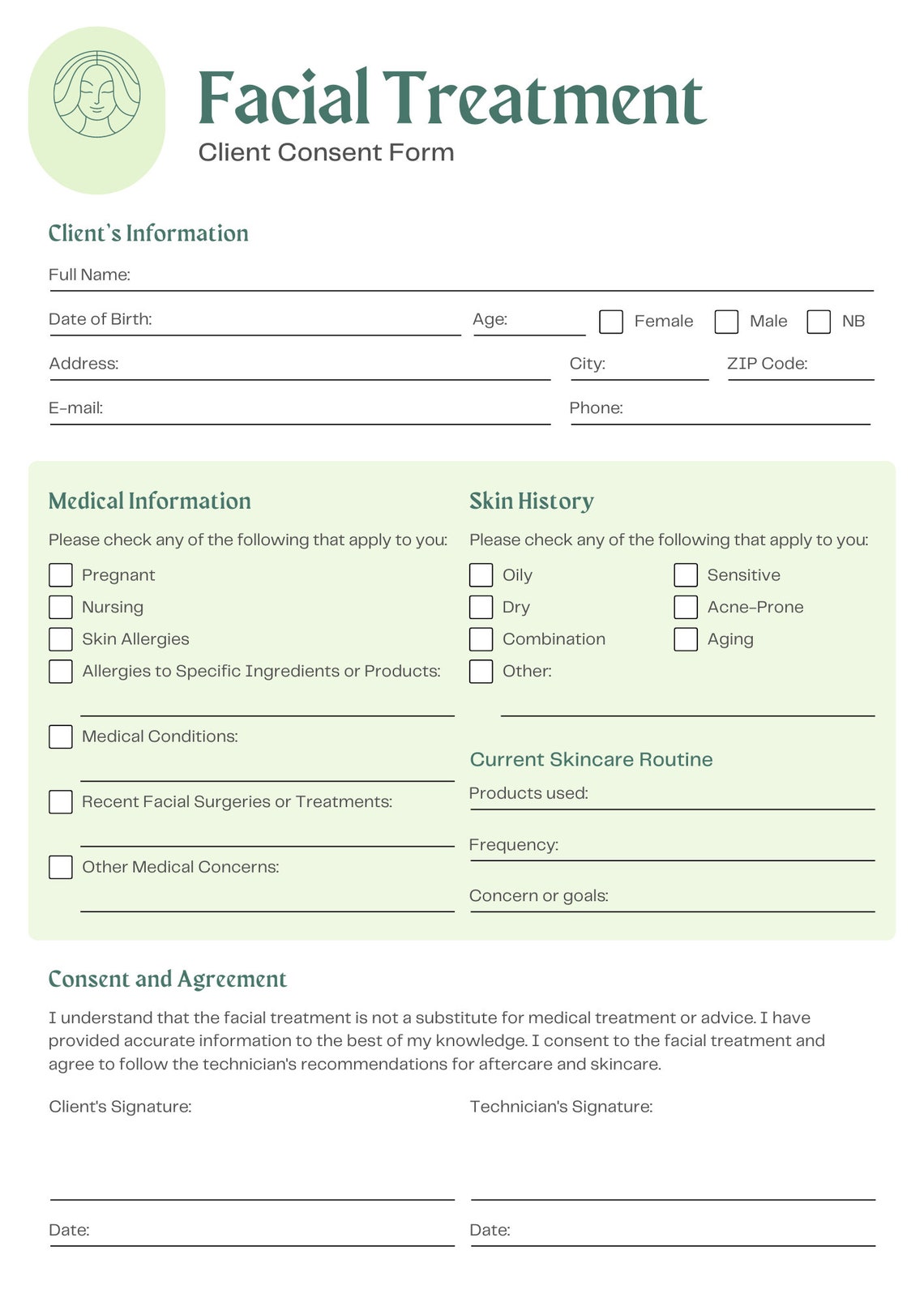 Skin/facial Treatment Consent Forms ( Consent Form, Spa Consent Forms ...