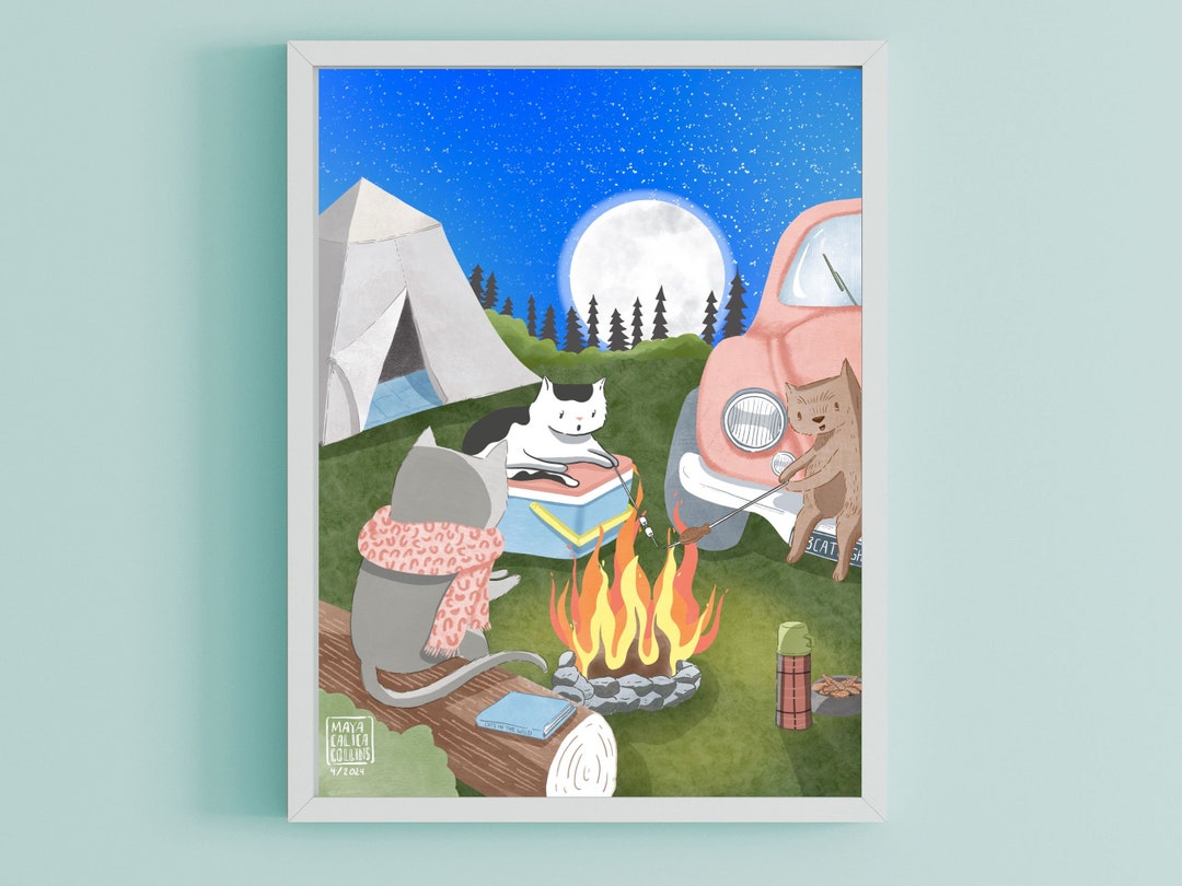 Whimsical Cat Campfire Friends Art Print Nursery, BFF Gift, Forest Cute ...