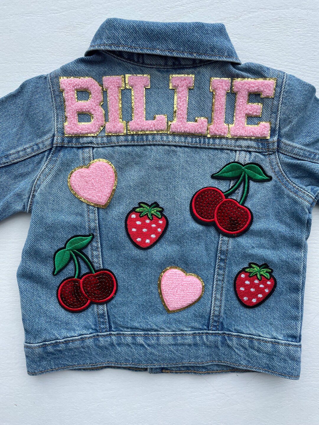 Custom Kids Jean Jacket, Strawberry and Cherry Patched Jacket, Custom ...