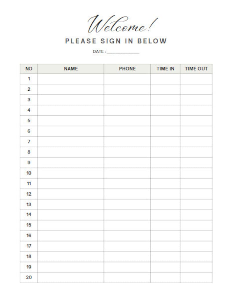 Printable Sign in Sheet, Digital Download, - Etsy