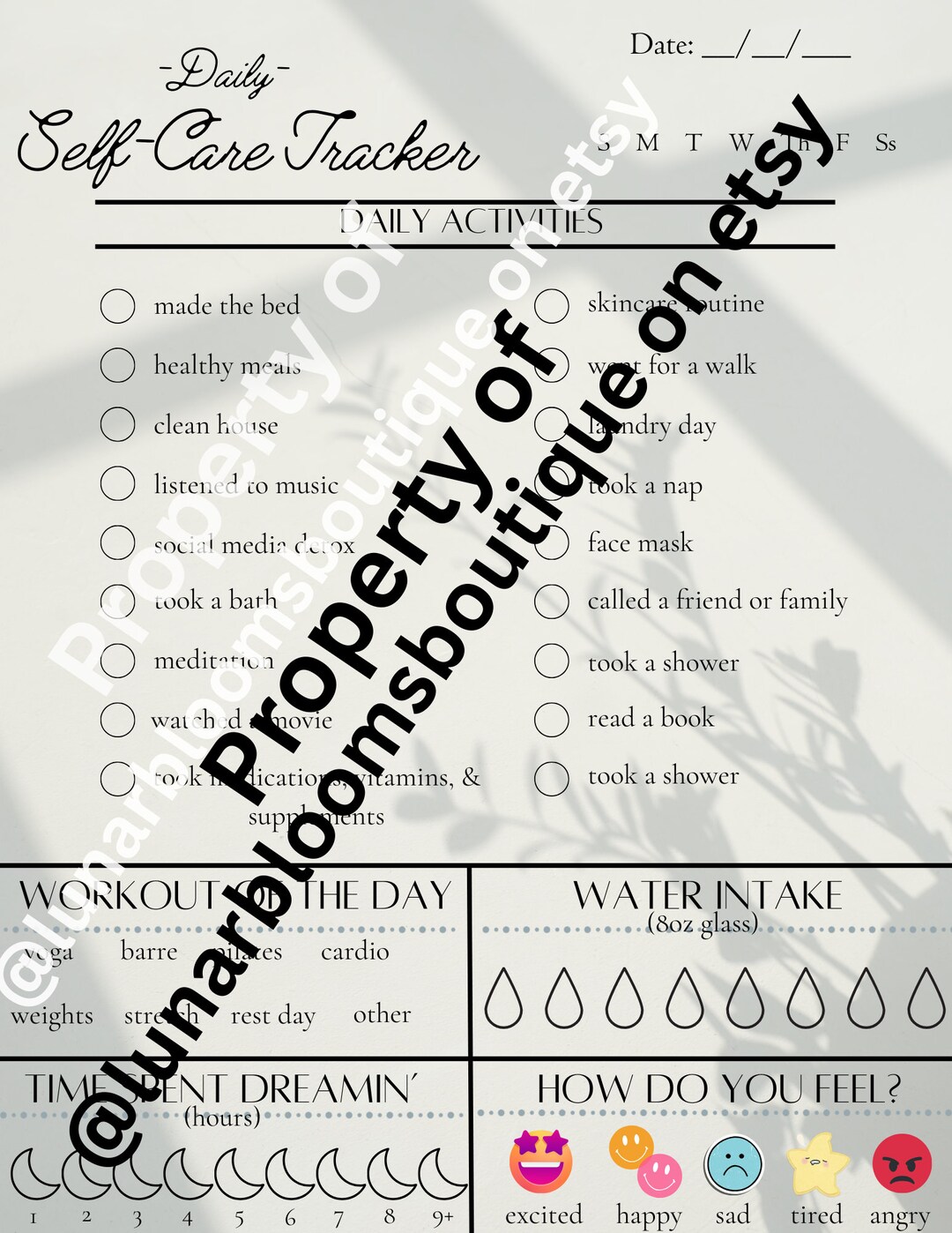 Daily Self-care Tracker PDF || Water Tracker, Exercise Tracker, Sleep ...