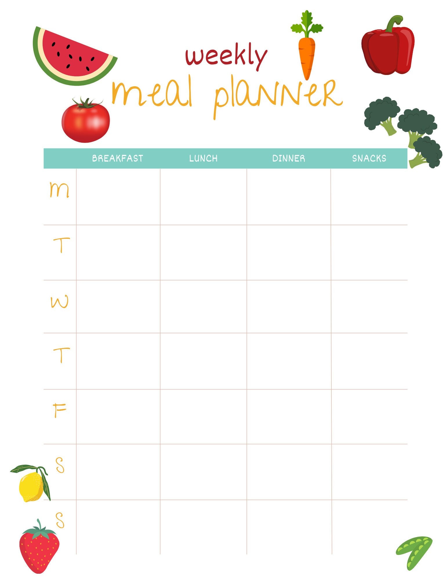 Weekly Family Meal Planner, Fruits and Vegetables - Digital Download - Etsy