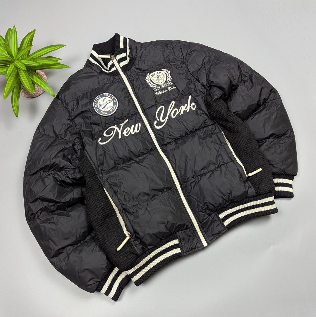 Vintage Marine Corps New York Puffer Bomber Jacket Black Insulated Big ...
