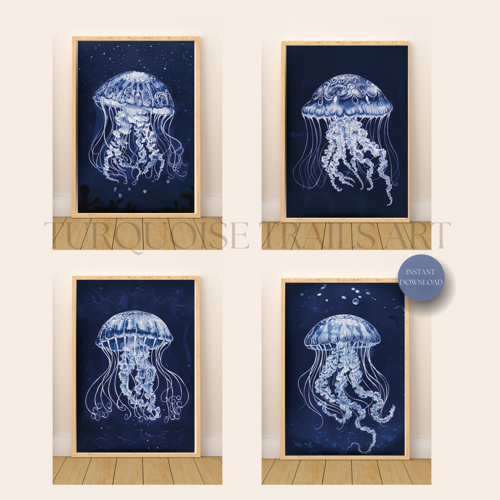4 Jellyfish Art Beachy Wall Art Jellyfish Print Jellyfish Room Decor ...