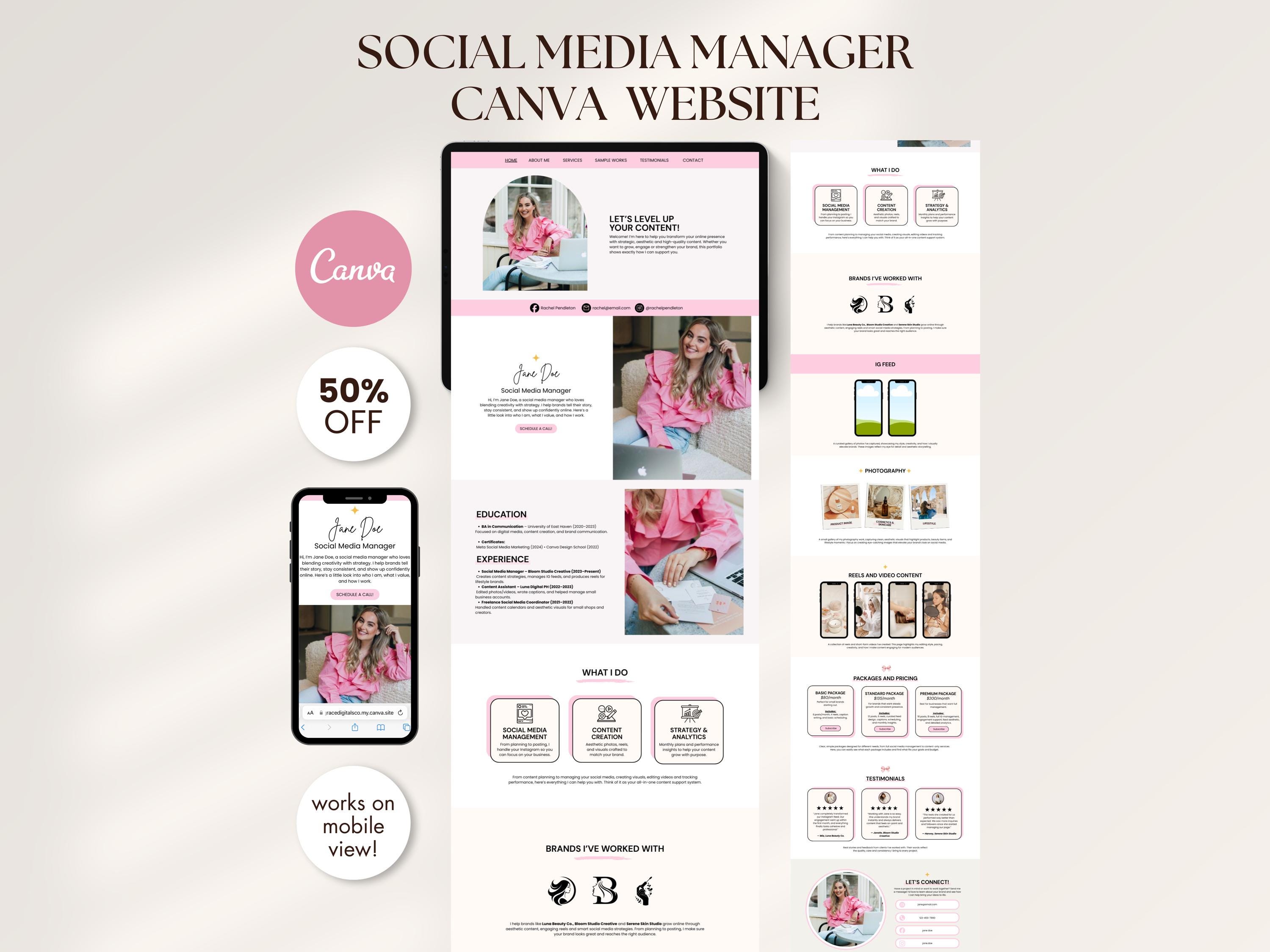Editable Coquette Social Media Manager Portfolio Canva Template for ...