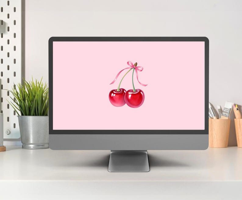 Coquette Cherry Bow Desktop Wallpaper: Pink Red Girly (digital Download ...