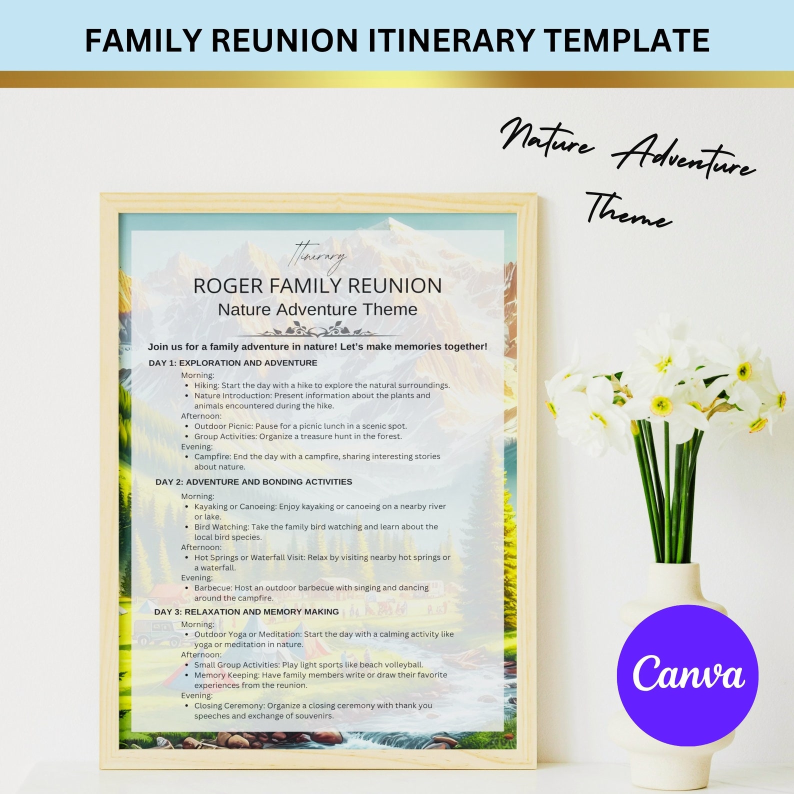 Family Reunion Itinerary Template, Itinerary Template for Canva ...