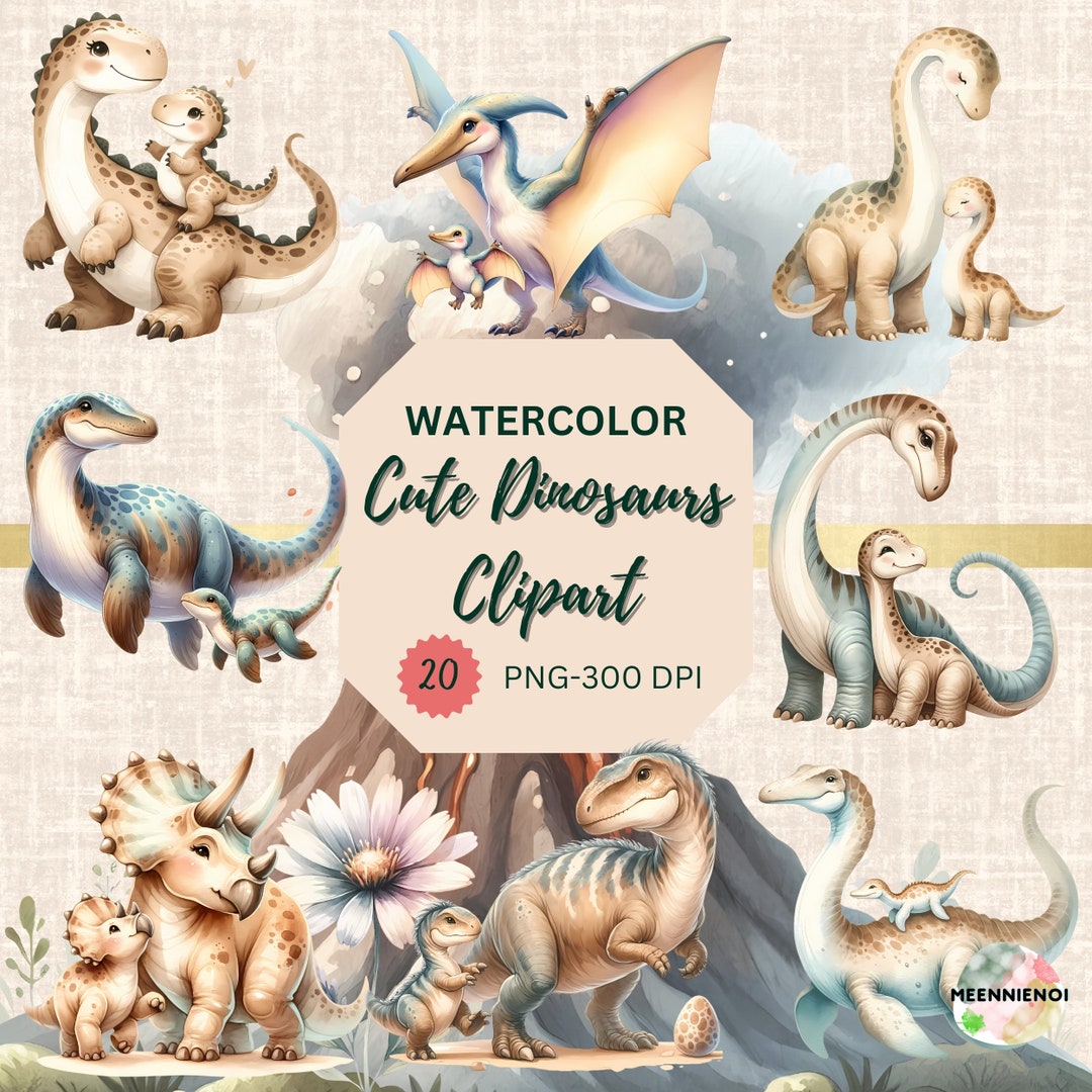 Watercolor Cute Dinosaurs Clipart,20 High Quality Pngs,collection of ...