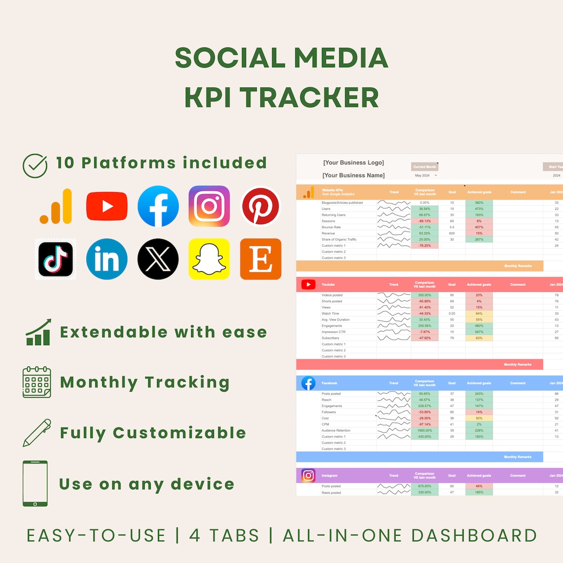 Social Media KPI Tracker - Monthly Analytics - Google Sheets Analytics ...