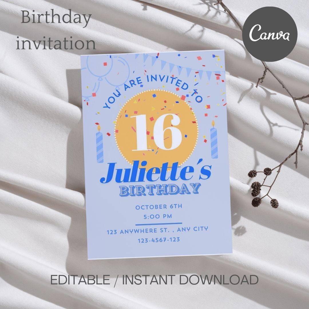 Customizable Digital Birthday Invitation - Editable Canva Template ...
