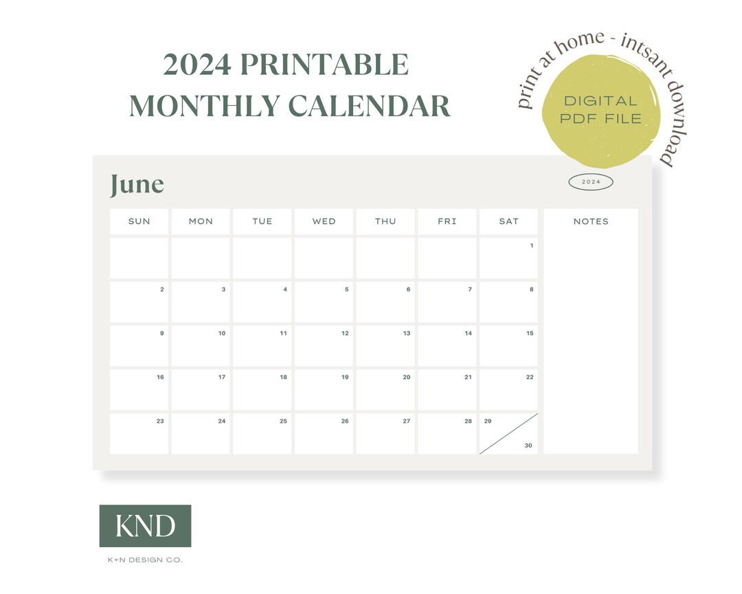 2024 Printable Monthly Calendar Instant Digital PDF Download - Etsy