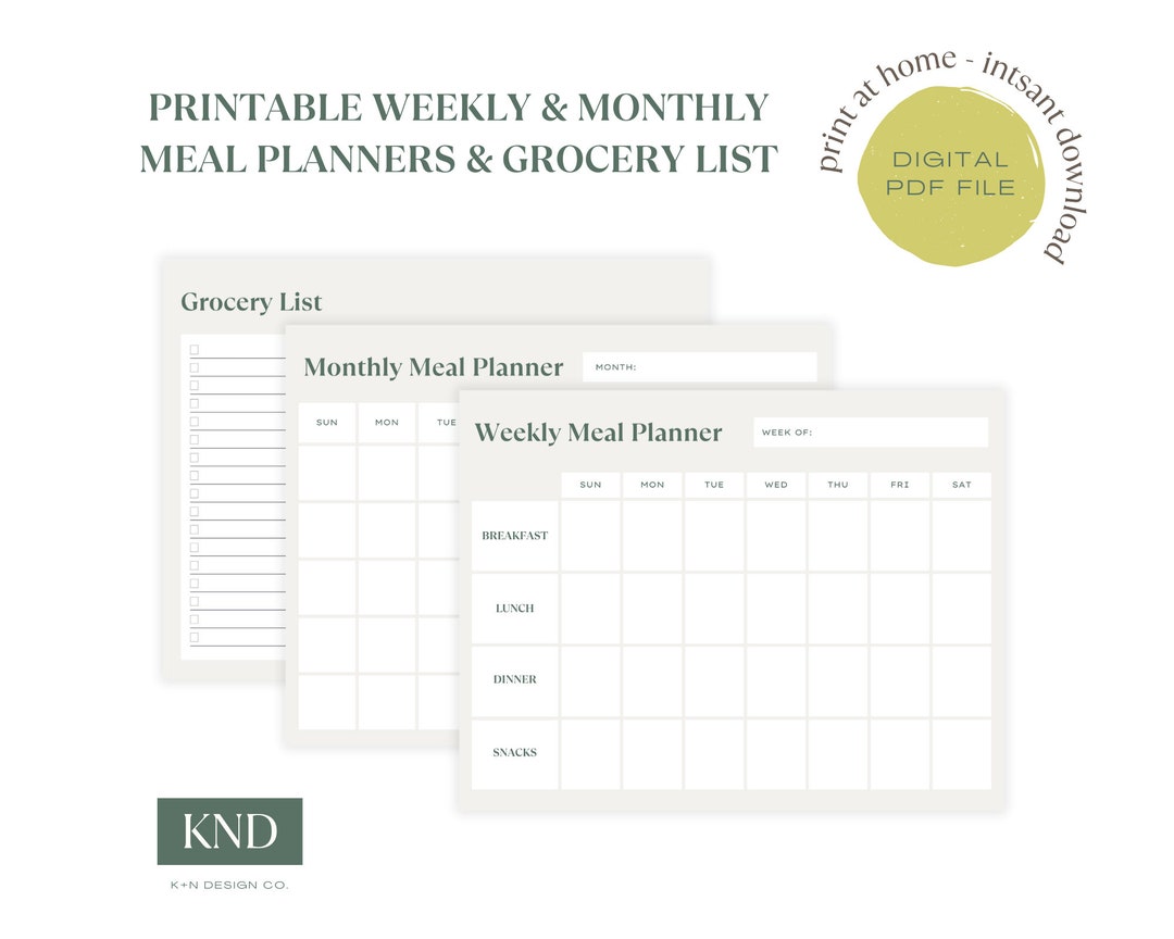 Printable Meal Planner & Grocery List Instant Digital PDF Download ...