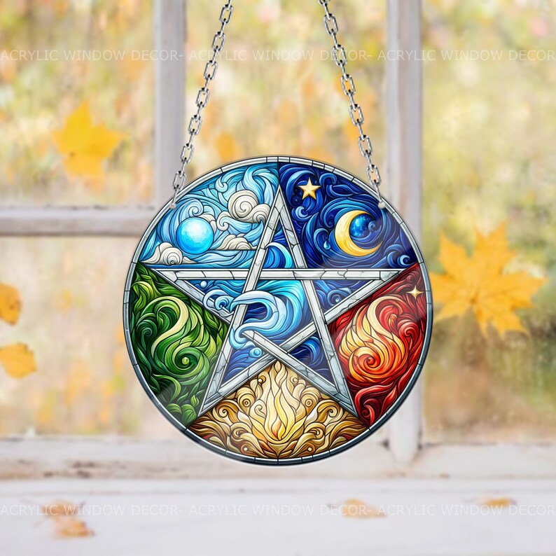 Wiccan Star Pentagram Acrylic Window Hanging, Halloween Decoration for ...