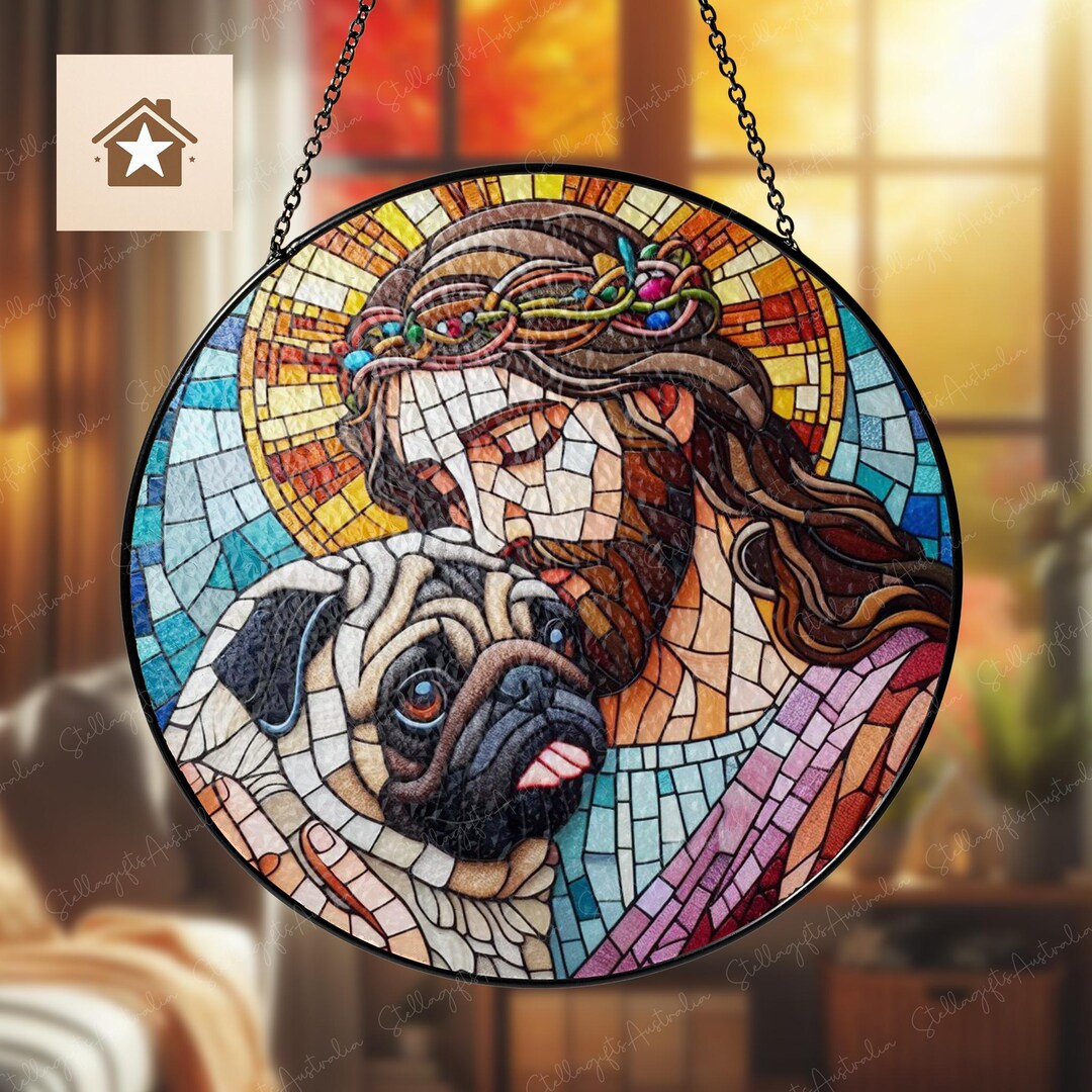 GLASS Jesus and Pug Dog Window Hanging, Christian Gift, Home Decor ...