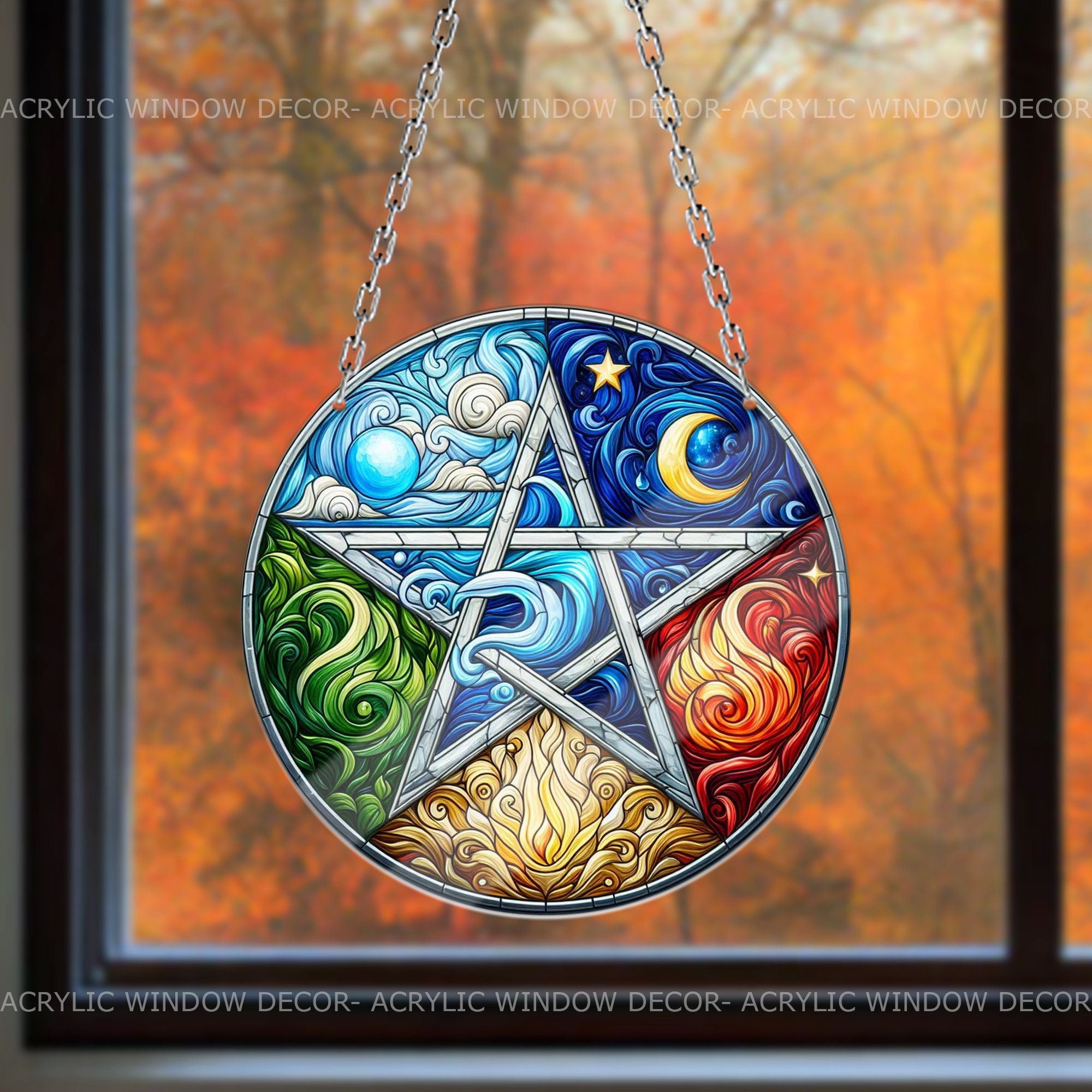 Wiccan Star Pentagram Acrylic Window Hanging, Halloween Decoration for ...