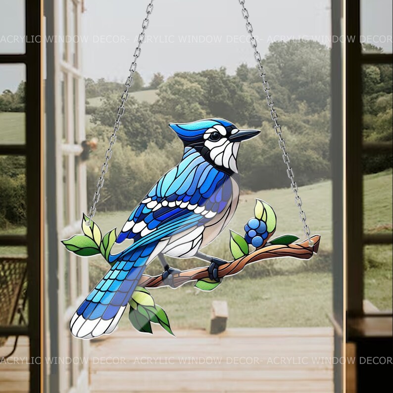 Blue Jay Acrylic Window Hanging, Vibrant Bird Decor, Perfect for Bird ...