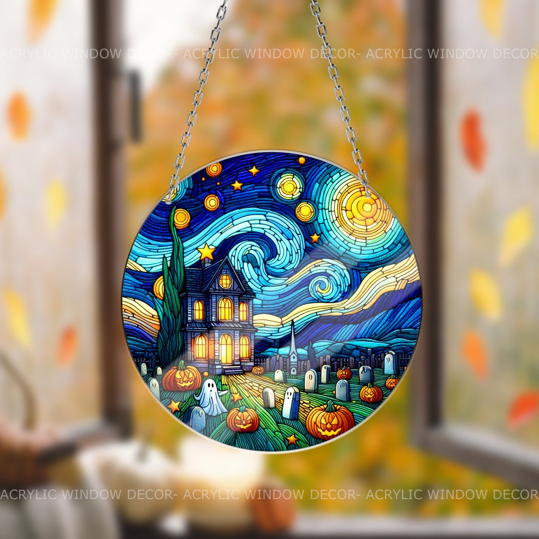 Halloween Night Haunted House Starry Van Gogh Acrylic Window Hanging ...