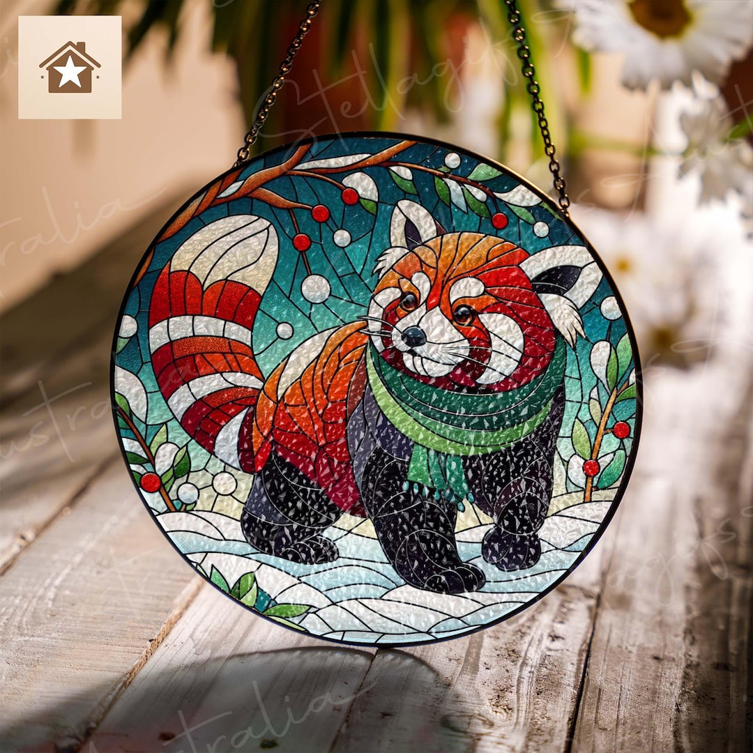 Winter Red Panda Stained GLASS Sun Catcher, Red Panda Sun Catcher ...