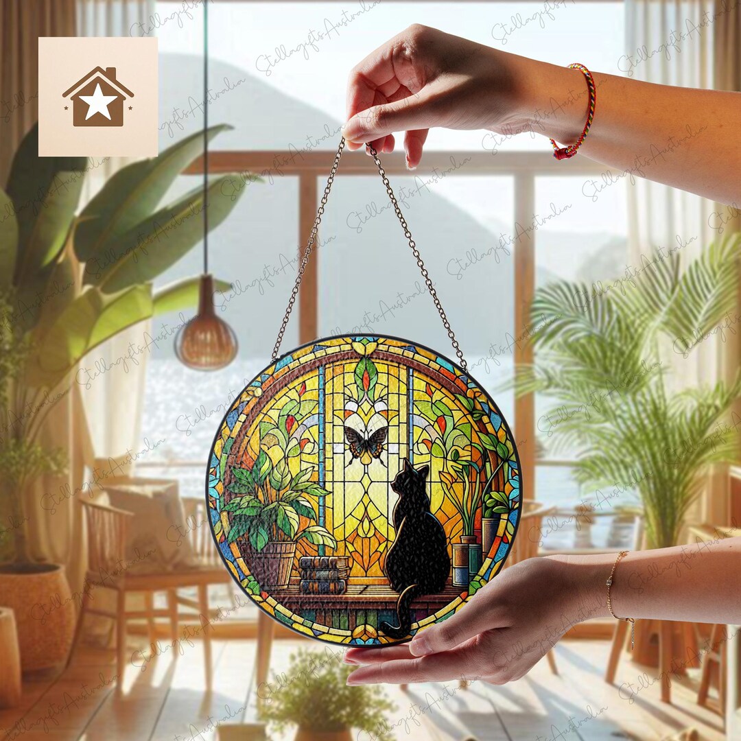 Black Cat and Book Catcher GLASS Suncatcher, Black Cat Sun Catcher ...