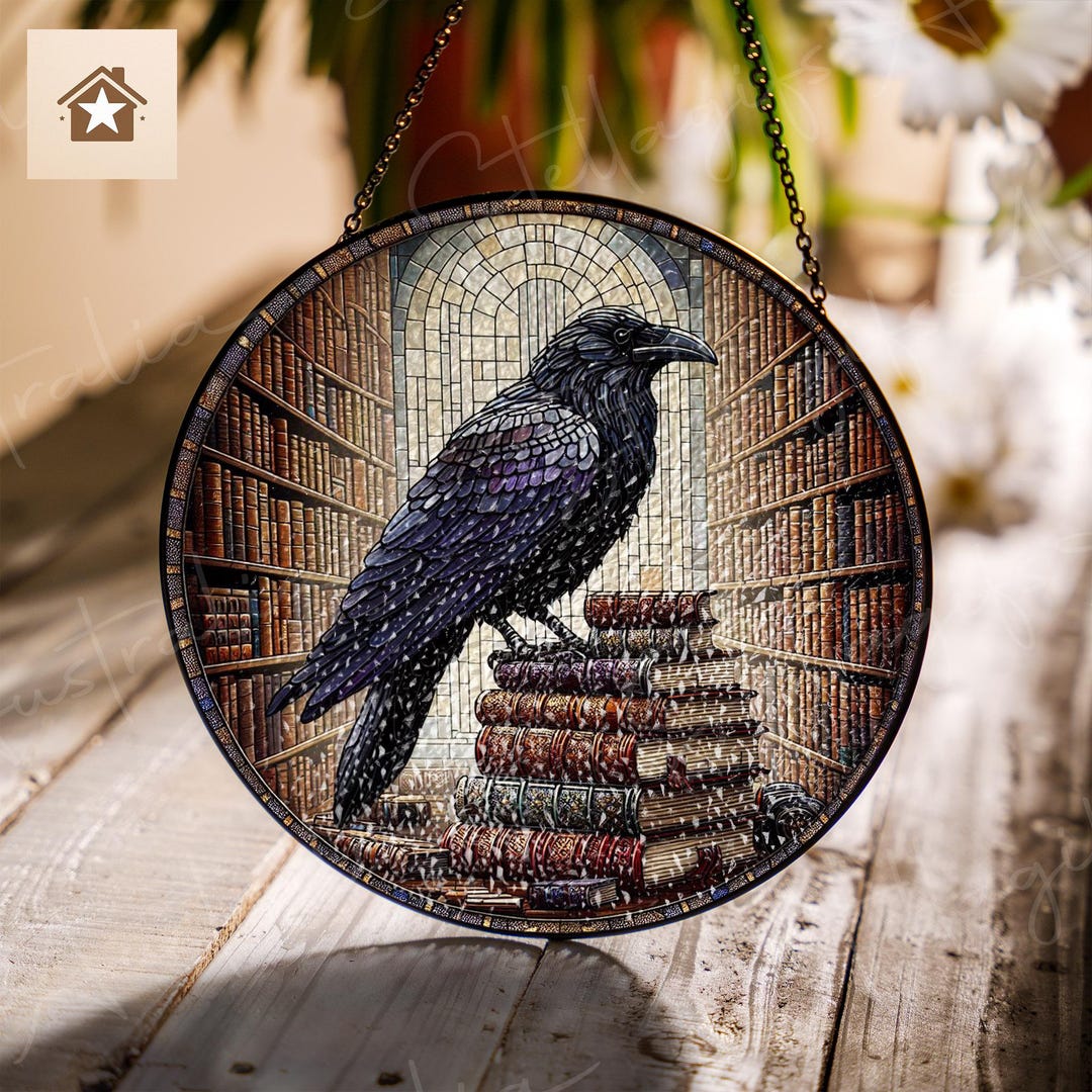 Raven and Books GLASS Suncatcher Window Hanging, Crow Glass, Reading ...