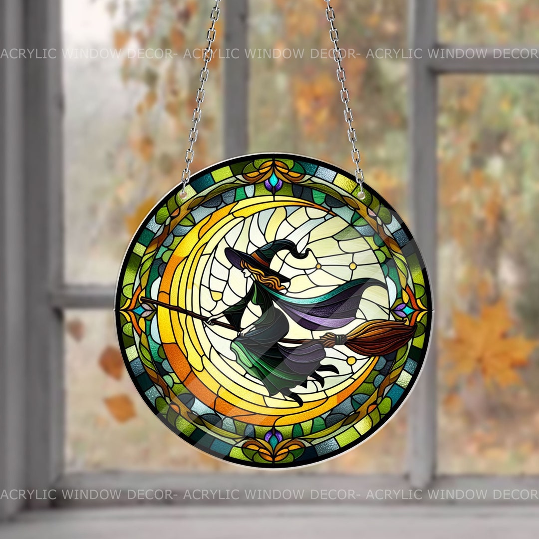 Witch and Crescent Moon ACRYLIC Window Hanging, Fall Halloween ...