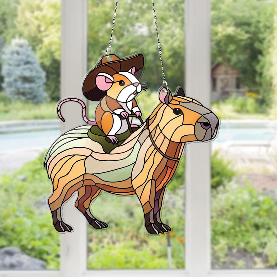 Capybara and Mouse Acrylic Window Hanging, Capybara Cowboy, Capybara ...