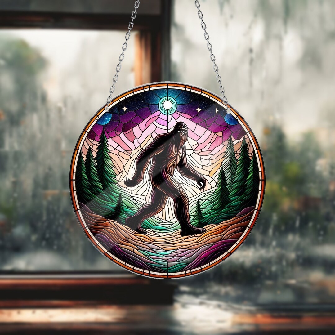 Sasquatch in Forest Acrylic Window Hanging, Bigfoot Camping Sign ...