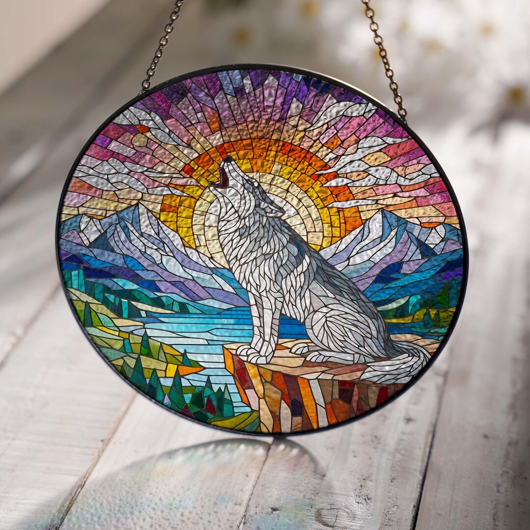 Wolf Howling on Cliff GLASS Suncatcher Window Hanging, Wolf Glass ...