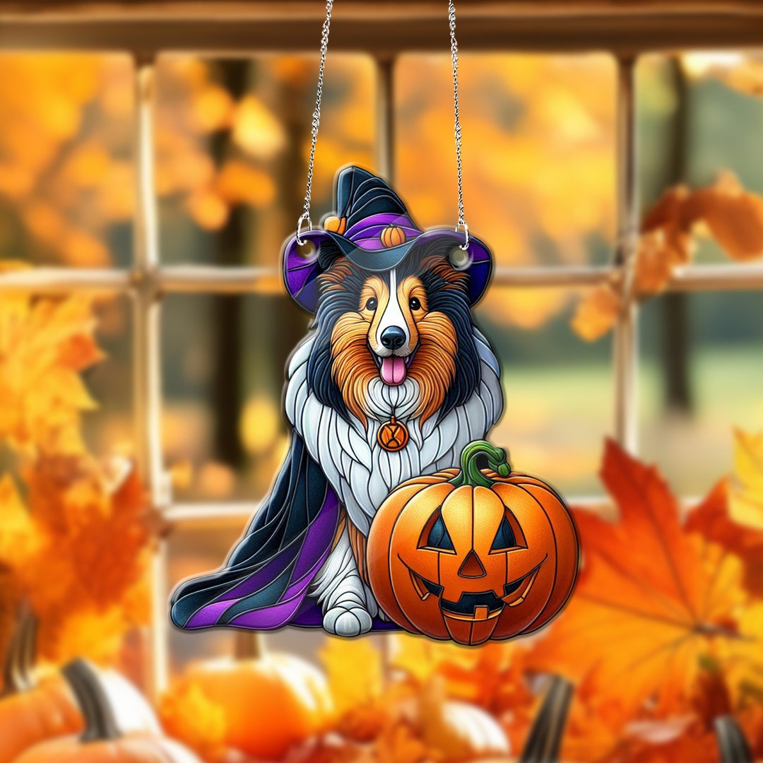 Sheltie Dog Costume Witch Acrylic Window Hanging, Halloween Sheltie Art ...