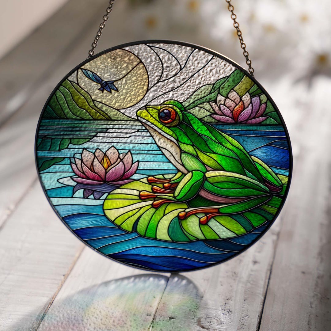 Frog and Lily Pad GLASS Suncatcher Hanging, Frog Window Hanging, Frog ...