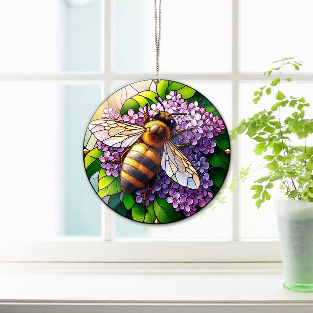Lilac Flowers and Bee Acrylic Window Hanging, Lilac Lovers, Bee ...