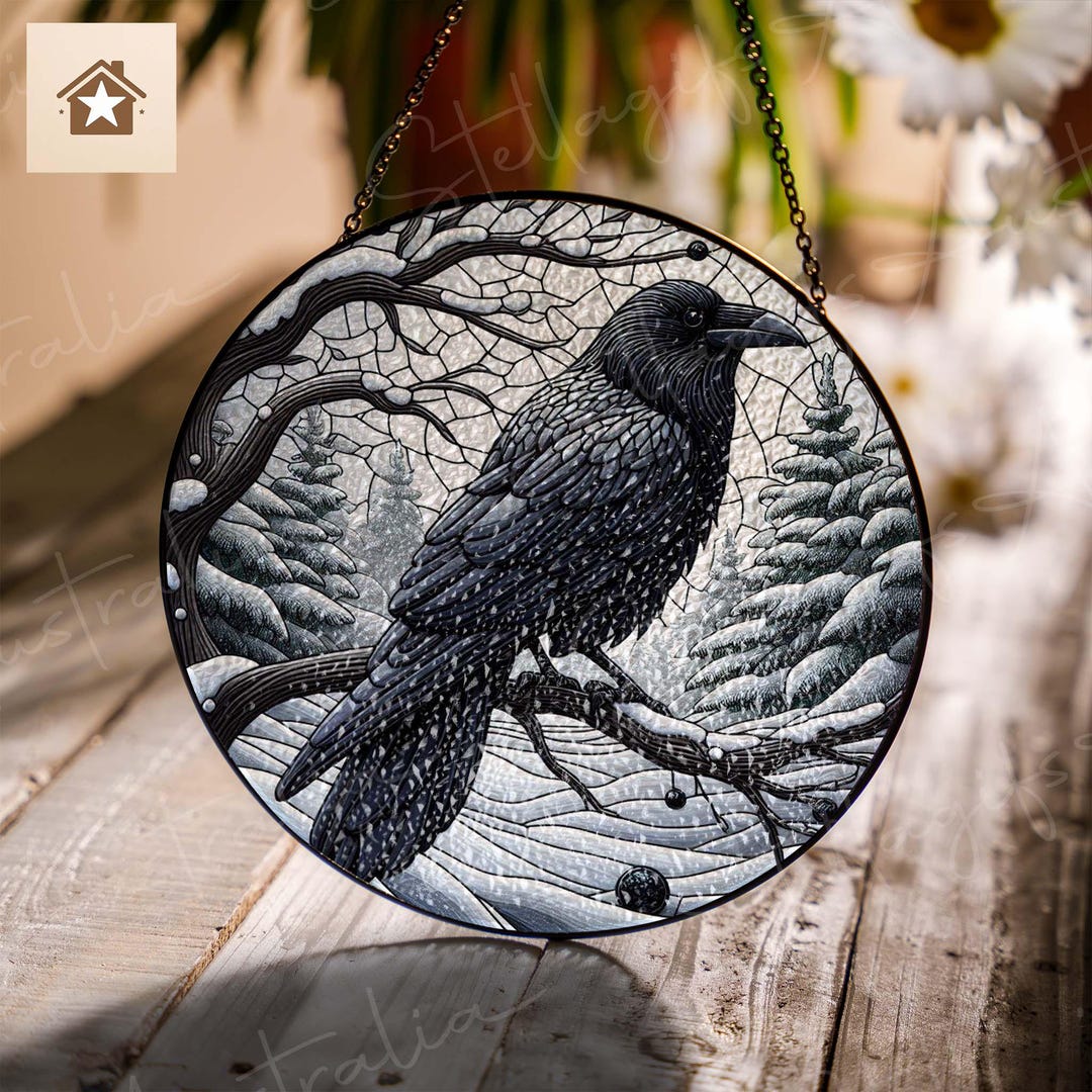 Winter Raven Crow Stained Glass Suncatcher, Snowy Raven Sun Catcher ...