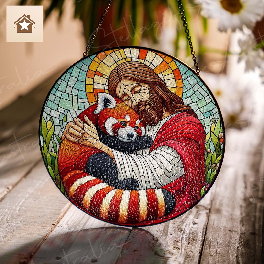 GLASS Jesus and Red Panda Window Hanging, Christian Gift, Home Decor ...