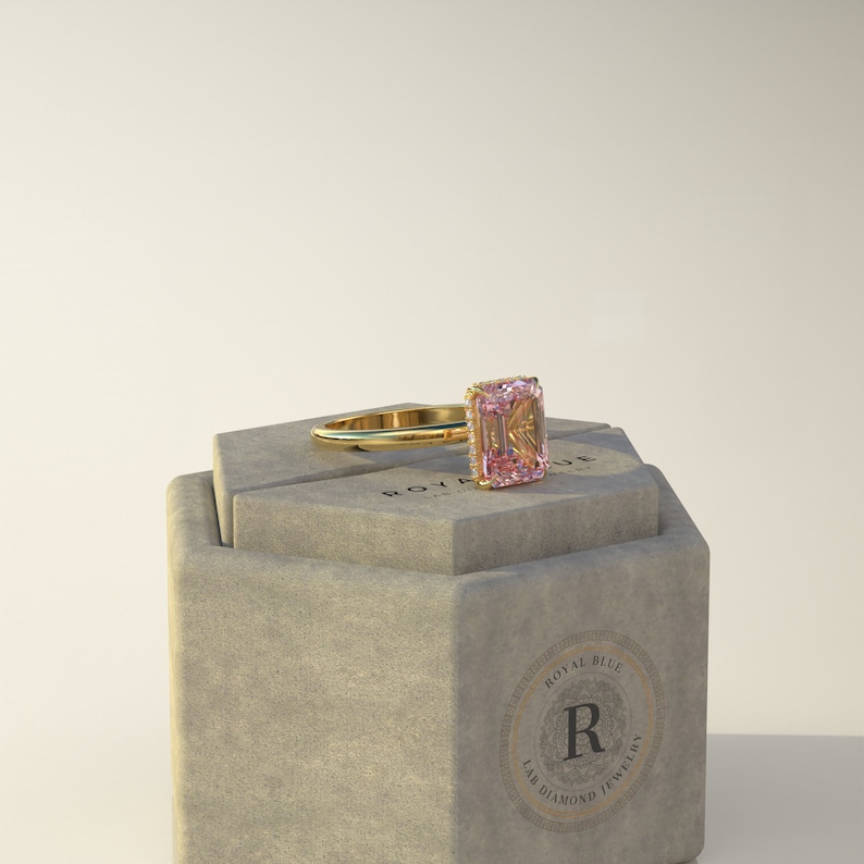 3 Carat Emerald Cut Pink Diamond Ring, Hidden Halo Engagement Ring ...