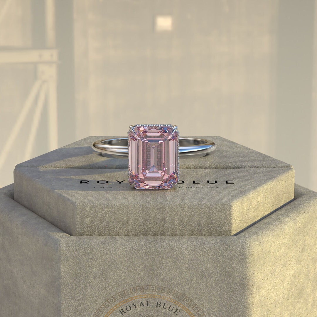 3 Carat Emerald Cut Pink Diamond Ring, Hidden Halo Engagement Ring ...