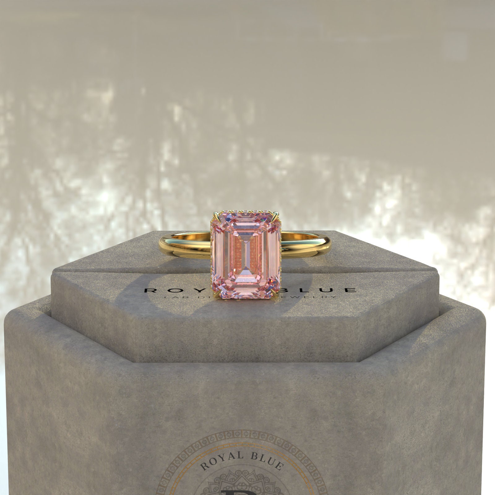 3 Carat Emerald Cut Pink Diamond Ring, Hidden Halo Engagement Ring ...