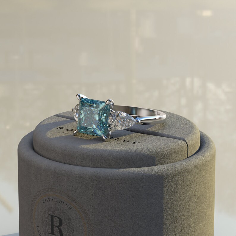 3 Carat Vivid Blue Princess Cut Lab Grown Diamond Ring, 3 Stone Colored ...