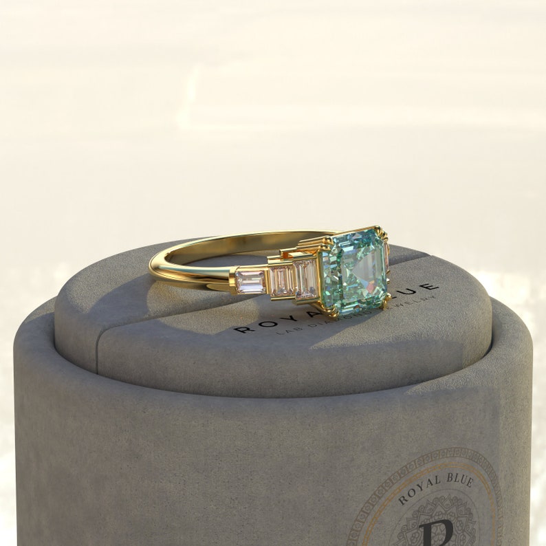 3 Carat Green Asscher Cut Lab Diamond Ring: Baguette Diamond, Gold ...