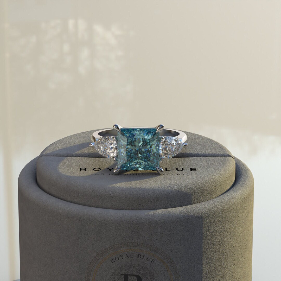 3 Carat Vivid Blue Princess Cut Lab Grown Diamond Ring, 3 Stone Colored ...