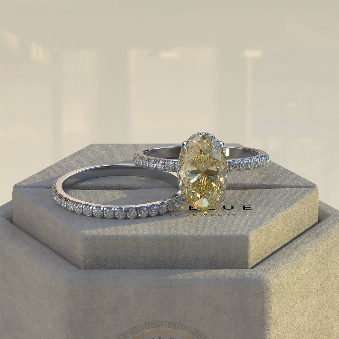 Intense Yellow Lab Diamond Ring Set, 2 Carat Oval Diamond Wedding Ring ...