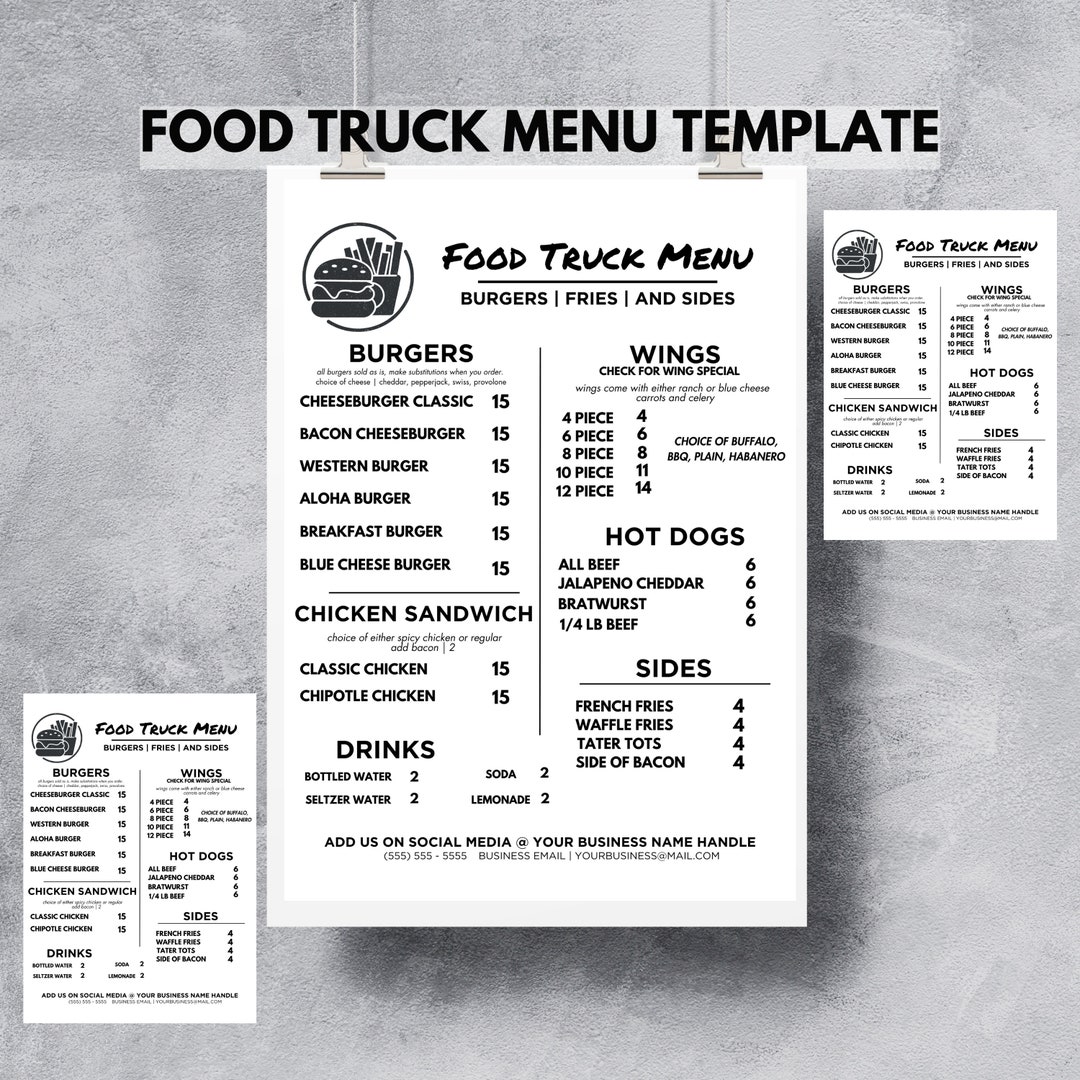 Burger Food Truck Menu Template, Food Truck Business Template, Includes ...