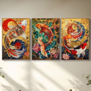 Japanese Koi Fish Prints Set | Elegant Digital Wall Art Trio | Instant ...