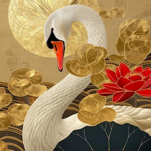 Elegant Swan & Gold Lotus Flower Art Print | Serene Home Decor (digital ...