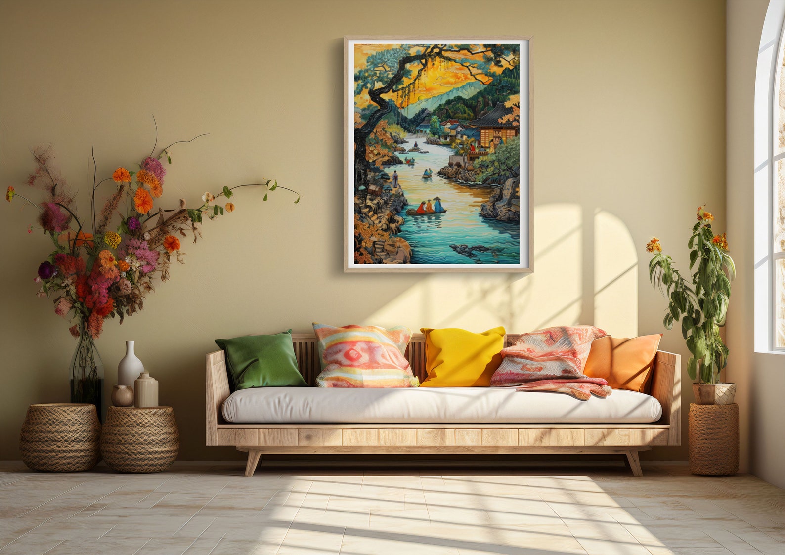 Japanese Riverside Village Wall Art - Samurai and Geisha Decor ...