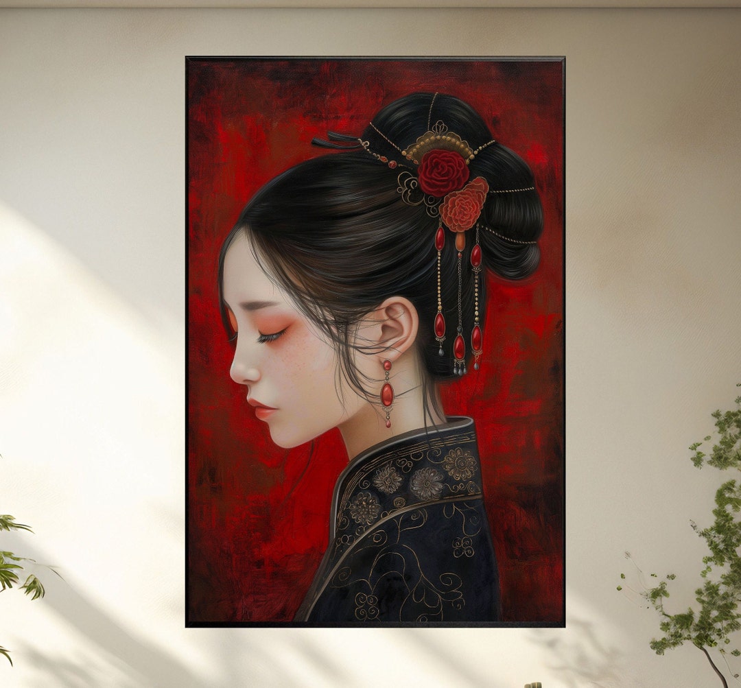 Vintage Asian Beauty in Red Dress - Modern Digital Wall Art | Elegant ...