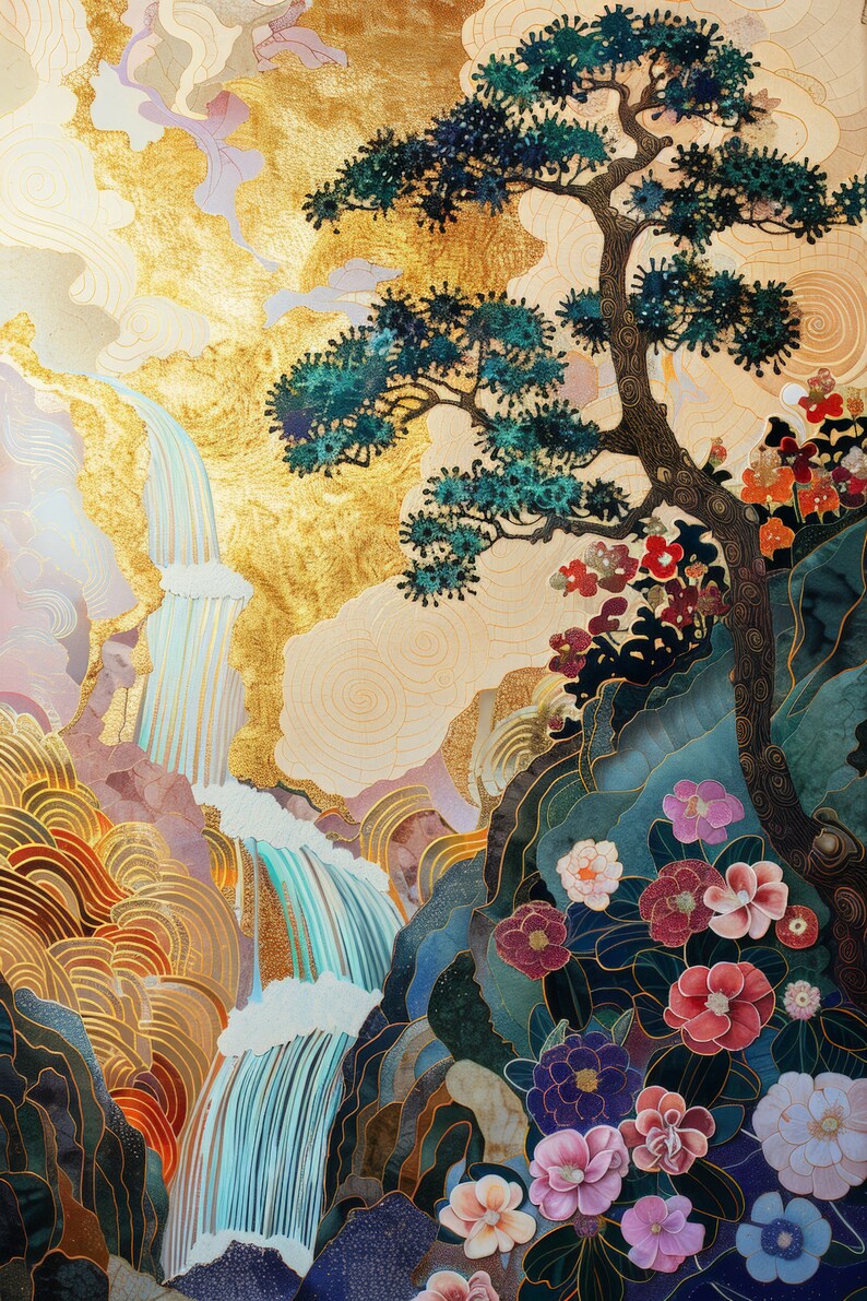 Tranquil Waterfall Scene Print - Japanese Inspired Wall Art - Etsy